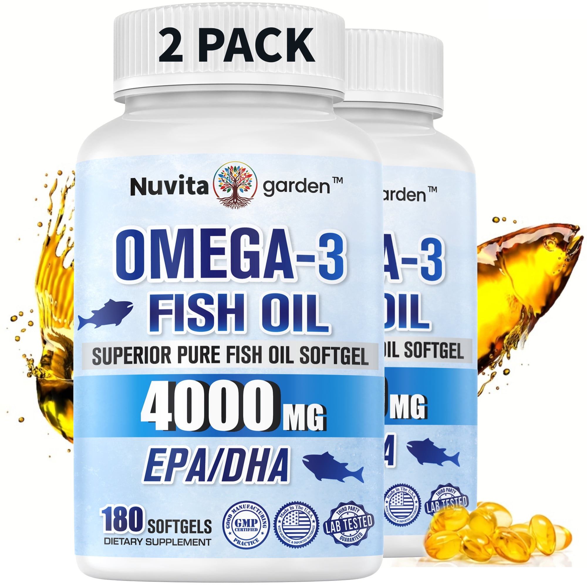 (2 pack) Omega-3 4000mg 180 Softgels Triple Strength Burpless Fish Oil ...