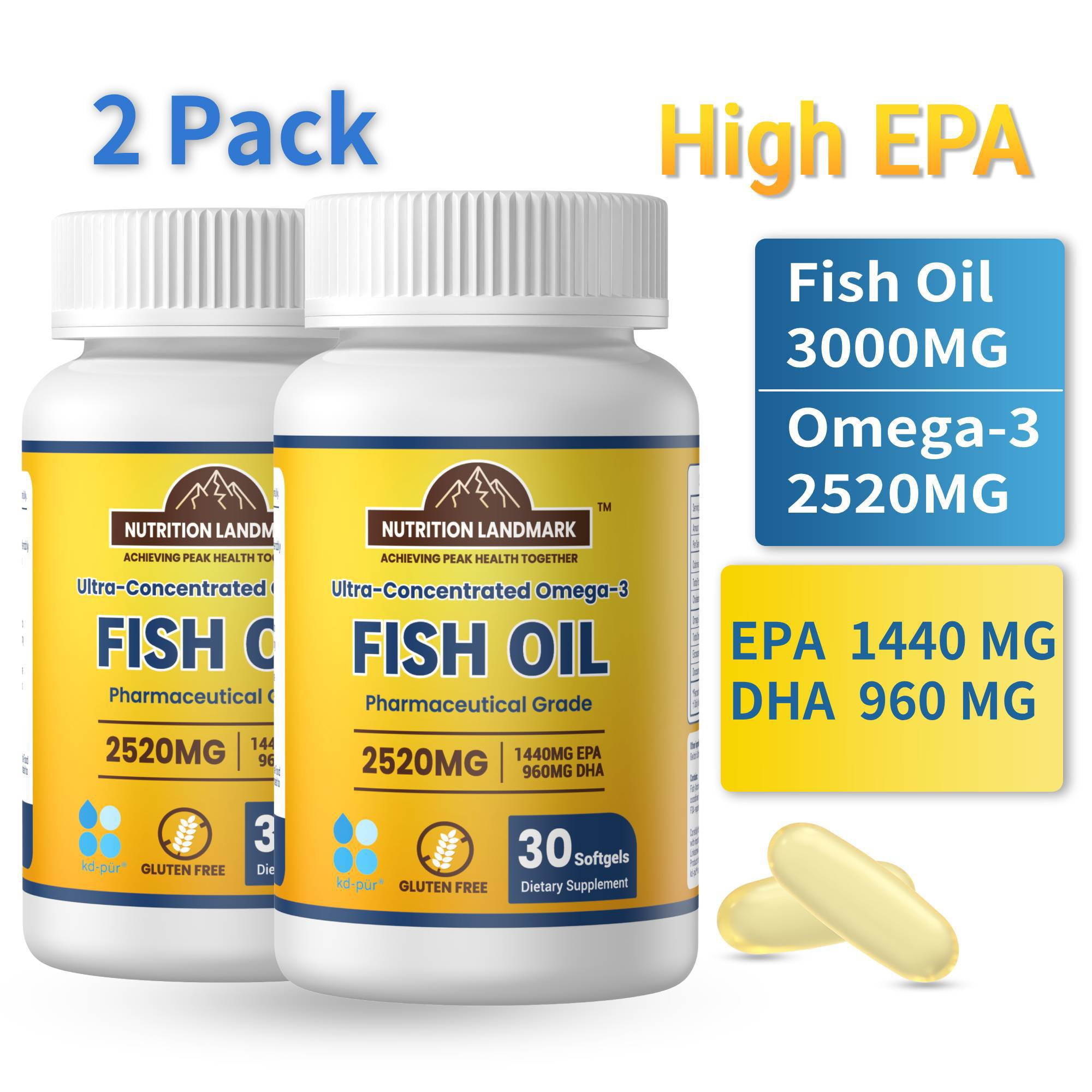 2 pack Omega 3 - Burp-less Omega 3 Supplement - 2520 mg Omega-3 & 960 ...