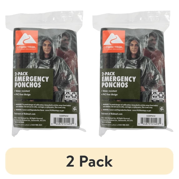 (2 pack) Ozark Trail Clear Emergency Poncho - 2 Pack - Walmart.com