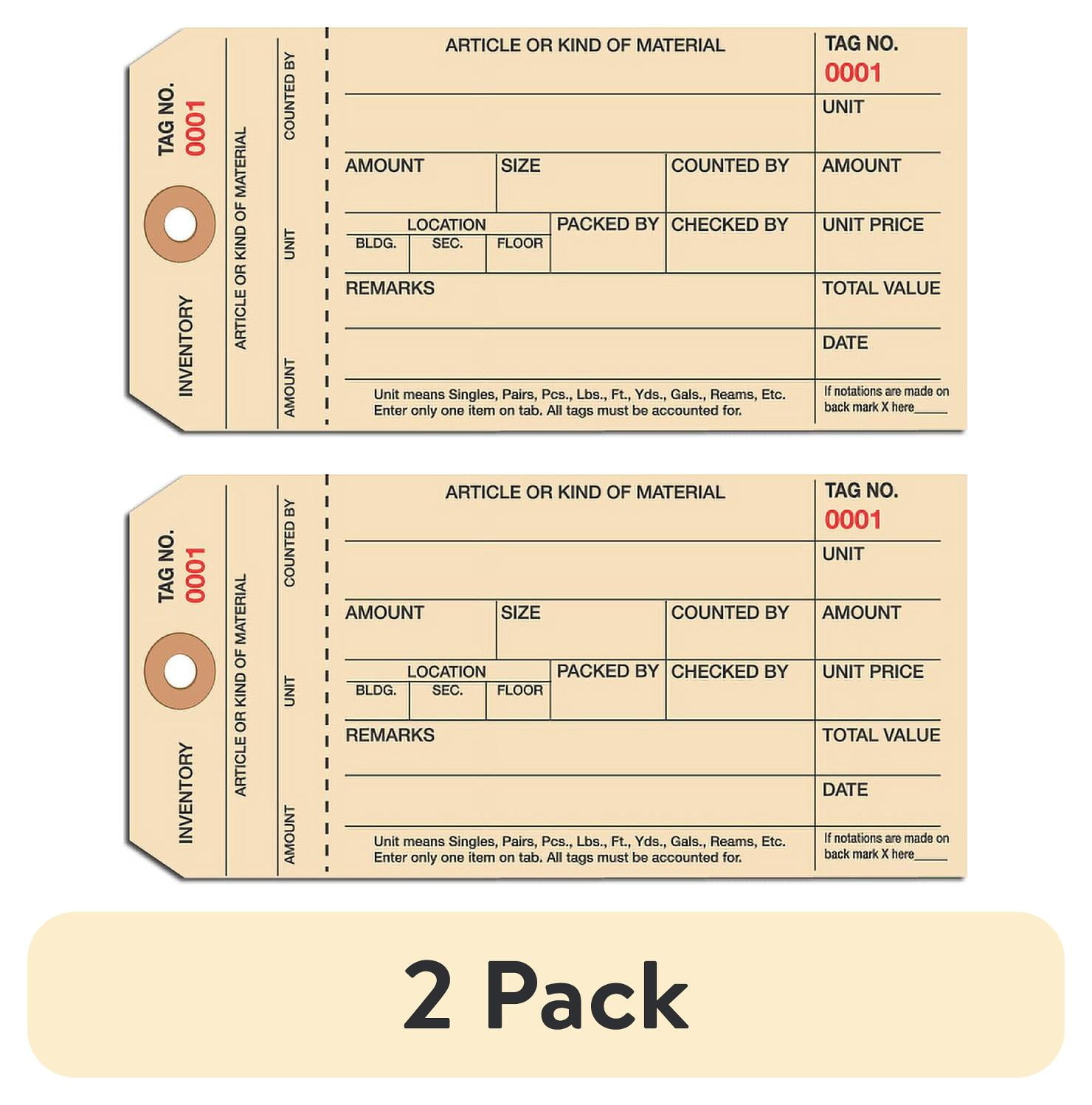 (2 pack) Partners Brand Inventory Tags,Stub,6 1/4x3 1/8",PK1000 G18091 ...