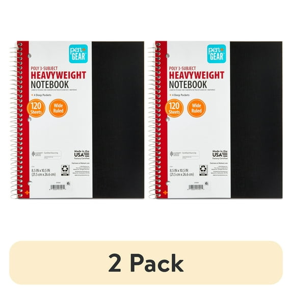 (2 pack) Pen+Gear Wide Ruled 3-Subject Poly Notebook, Black, 8.5" x 10. ...