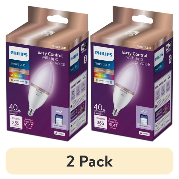 (2 pack) Philips Smart Wi-Fi Connected LED 40-Watt B12 Candle Light ...