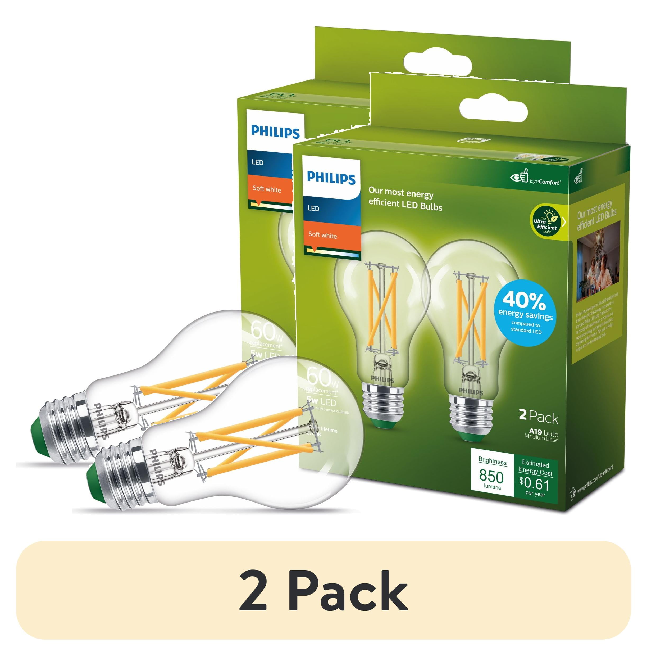 (2 pack) Philips Ultra Efficient LED 60-Watt A19 Light Bulb, Daylight ...