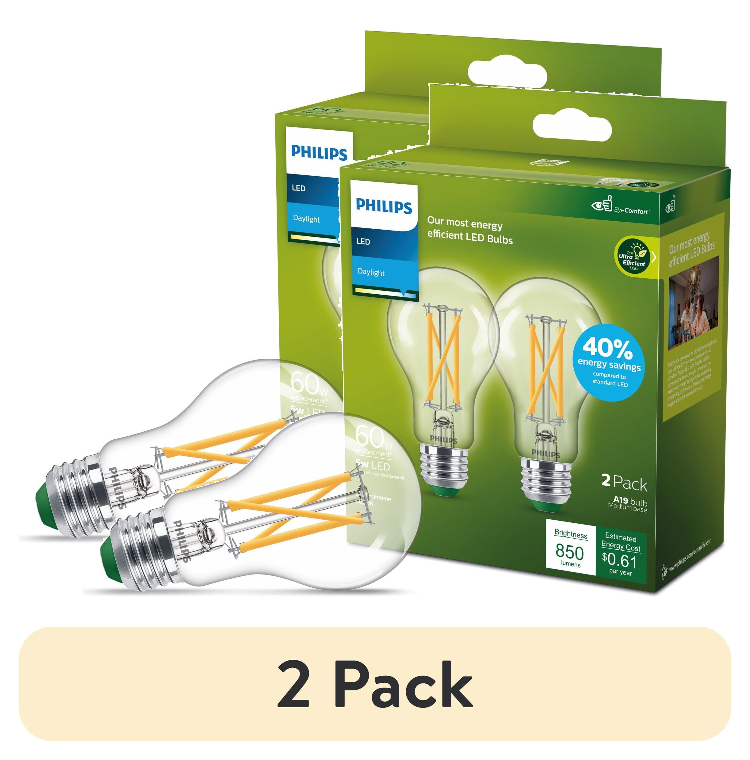(2 pack) Philips Ultra Efficient LED 60-Watt A19 Light Bulb, Soft White, Clear, Dimmable, E26 ...