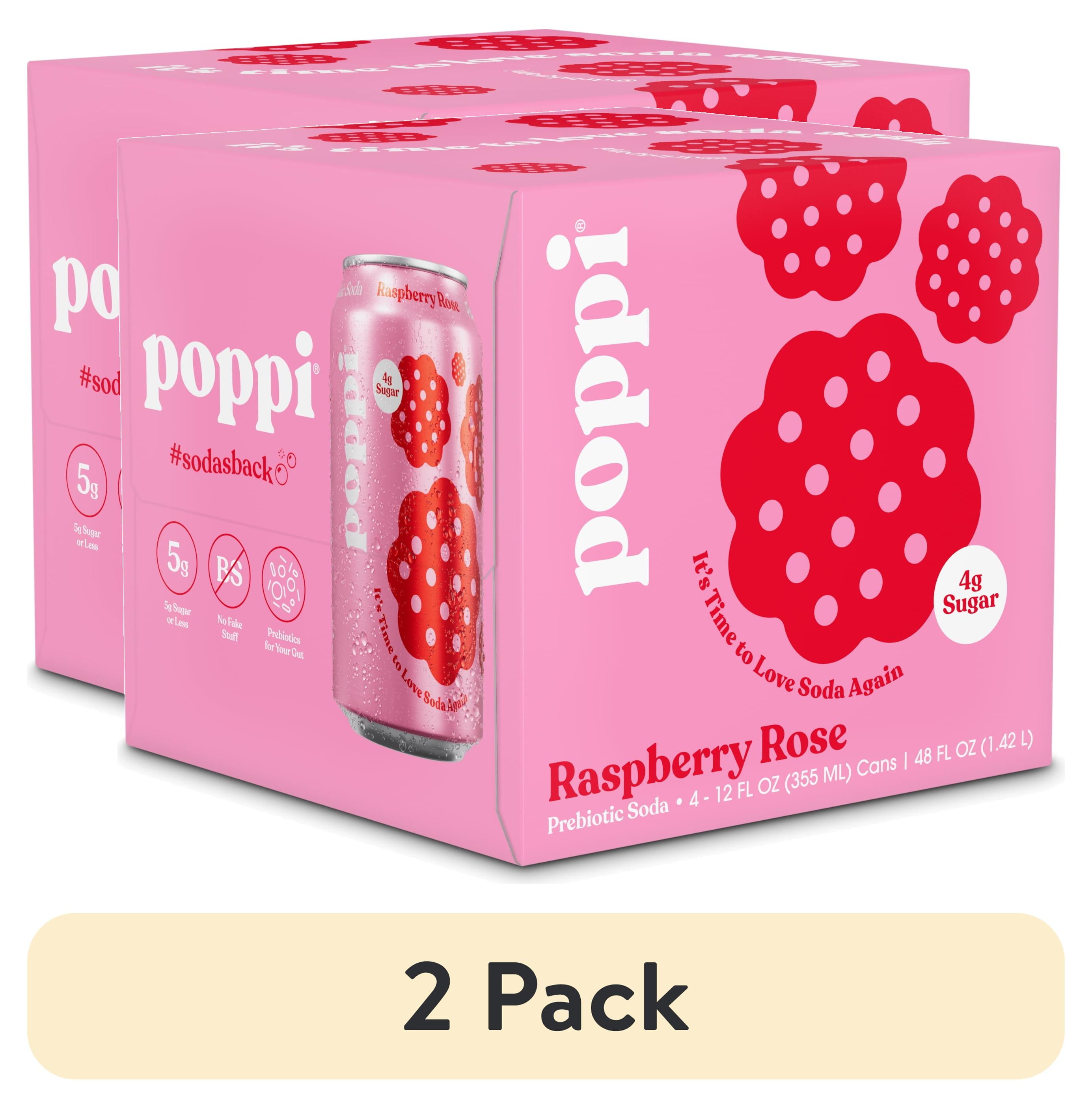 (2 pack) Poppi Raspberry Rose Prebiotic Soda, 12 oz, 4 Pack Cans ...