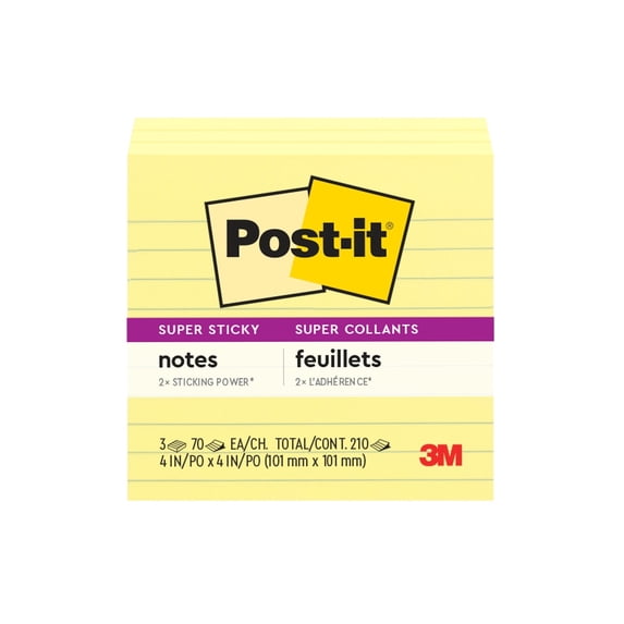 (2 pack)Post-it Super Sticky Lined Notes, 4 in x 4 in, Canary Yellow, 3 ...