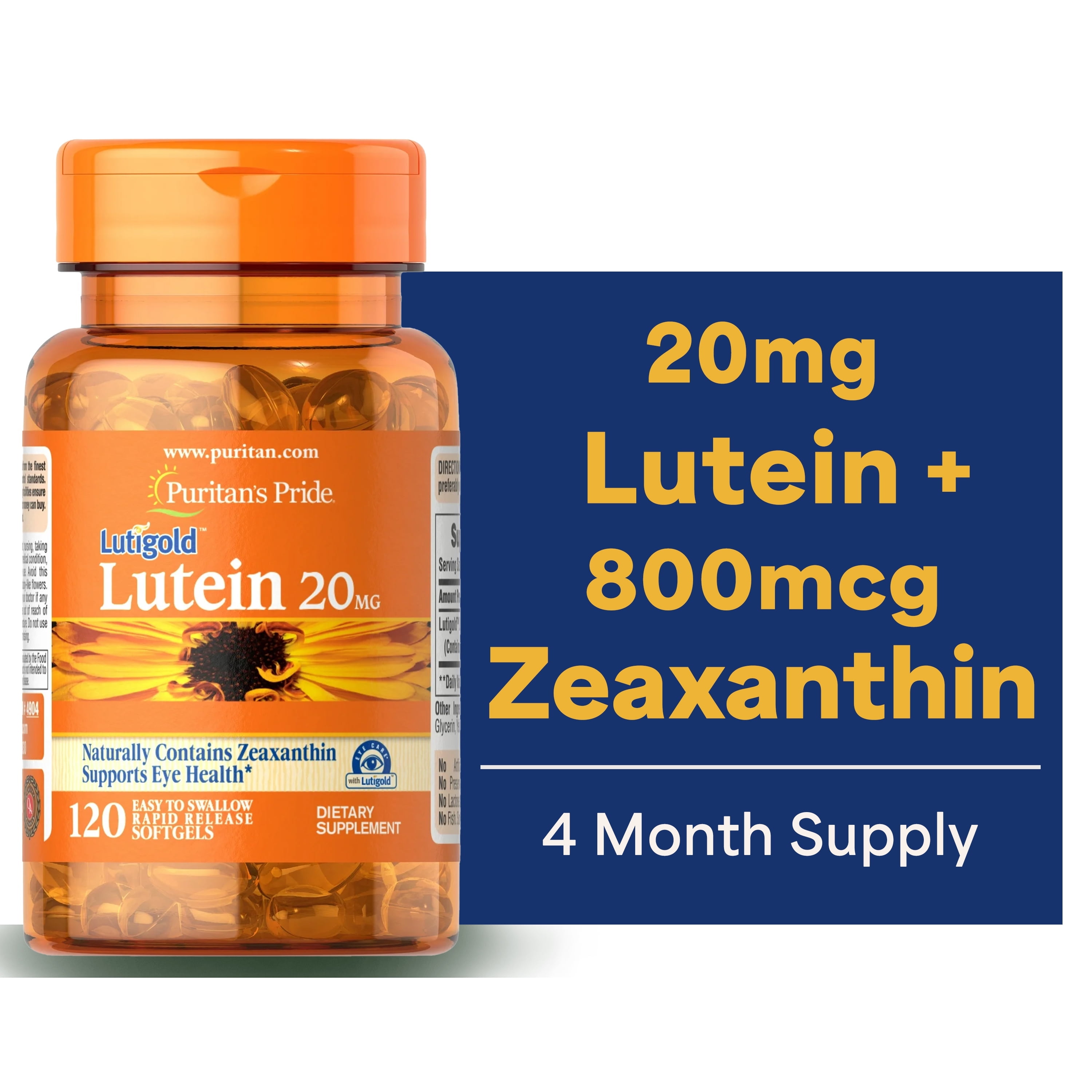 (2 pack) Puritans Pride Lutein 20 mg with Zeaxanthin Softgels, 120 ...