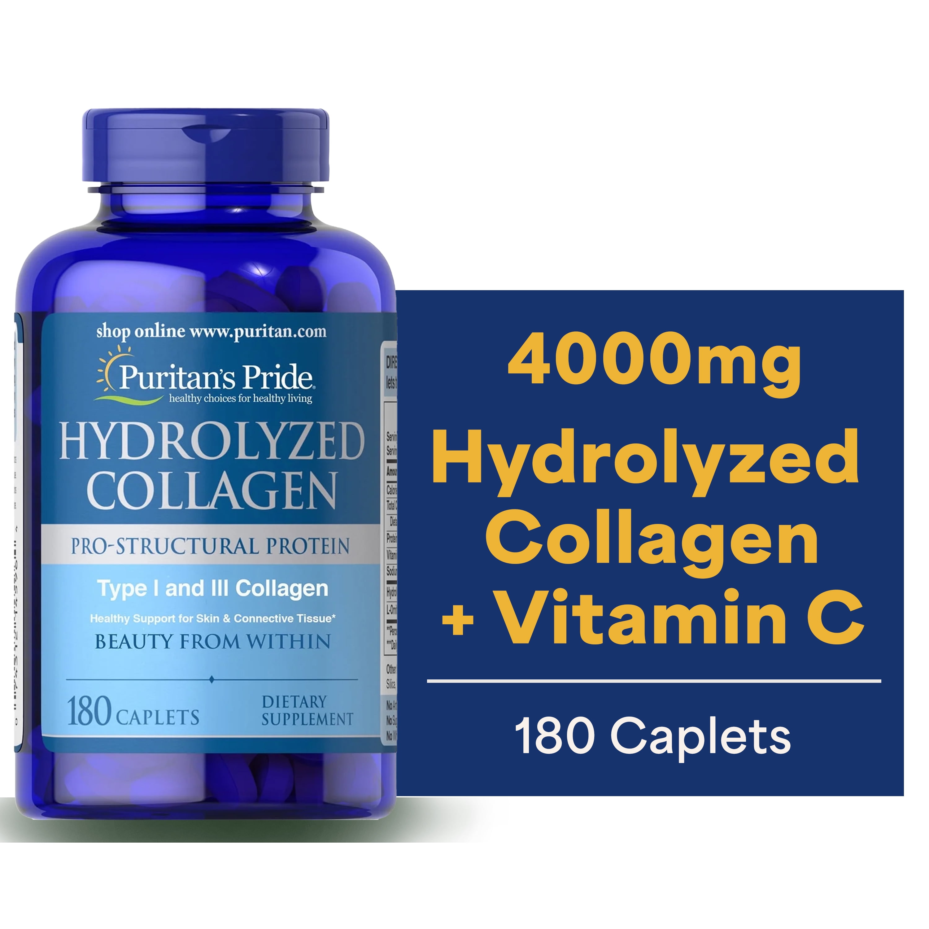 (2 pack) Puritans Pride Hydrolyzed Collagen Caplets, 1000 Mg, 180 Ct ...