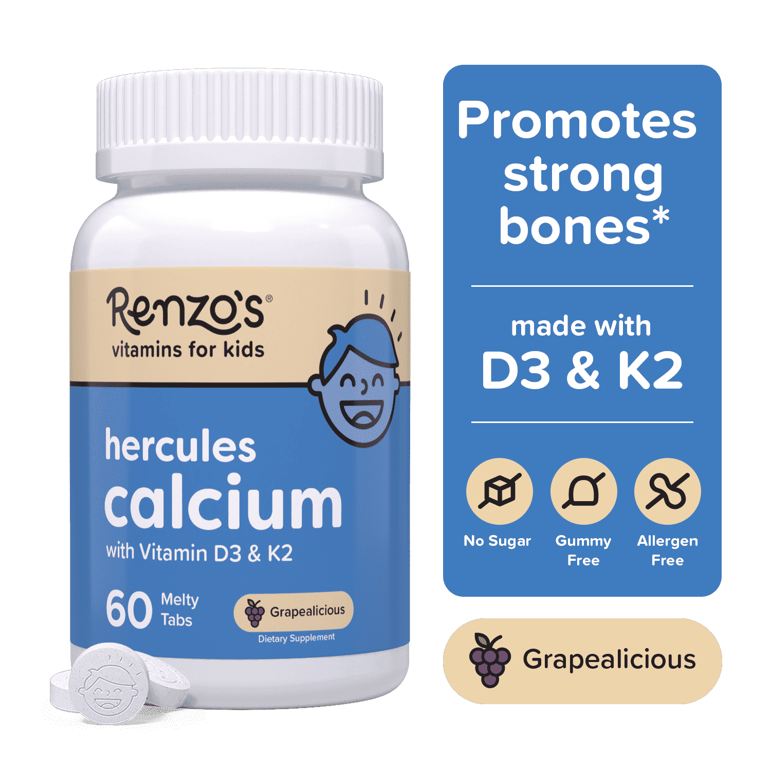 (2 pack) Renzo’s Hercules Calcium with Vitamin D3 & K2 for Kids, Sugar ...