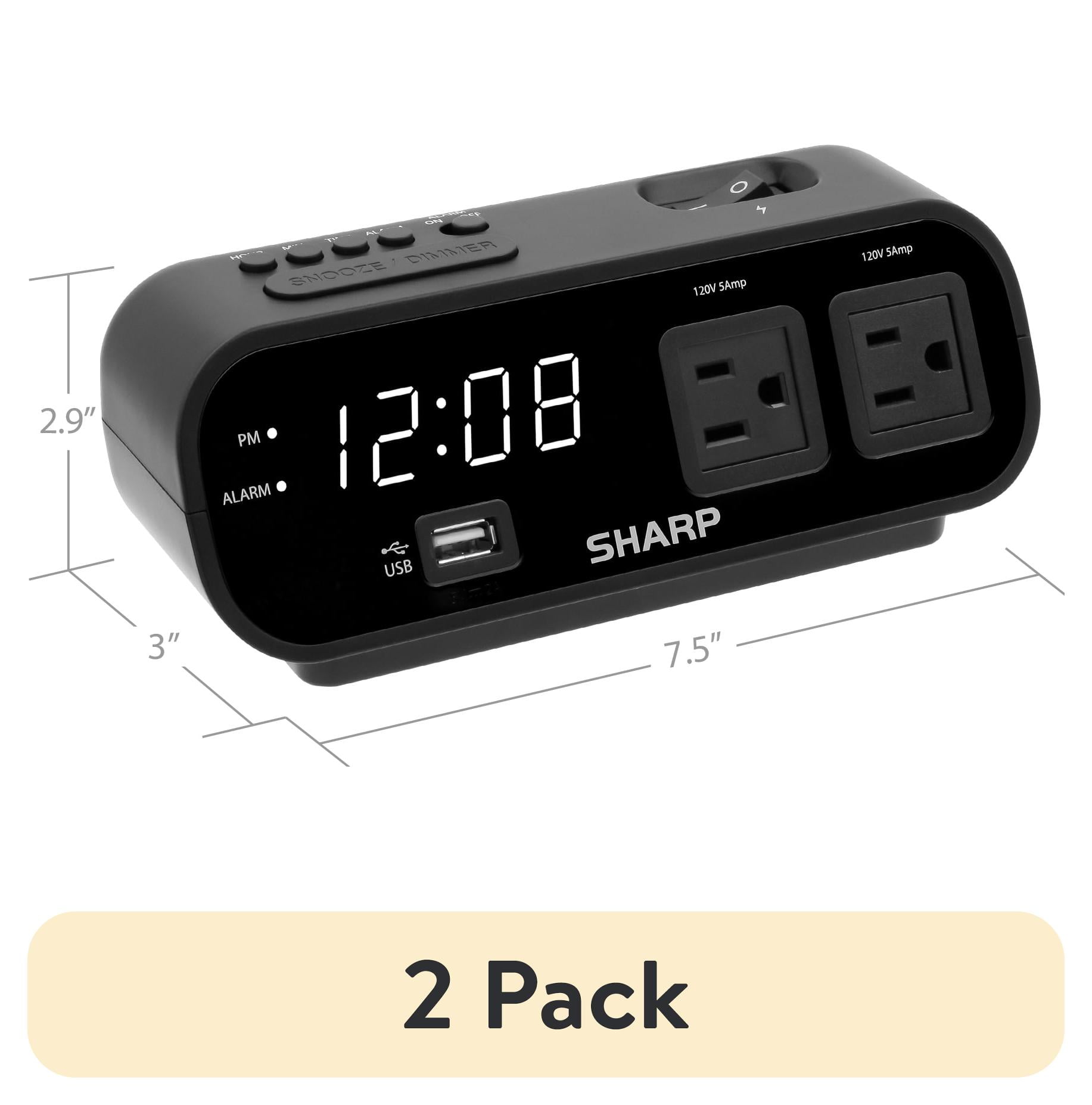 (2 pack) SHARP Digital Alarm Clock, 2 AMP USB Fast Charge Port, 2 x AC ...