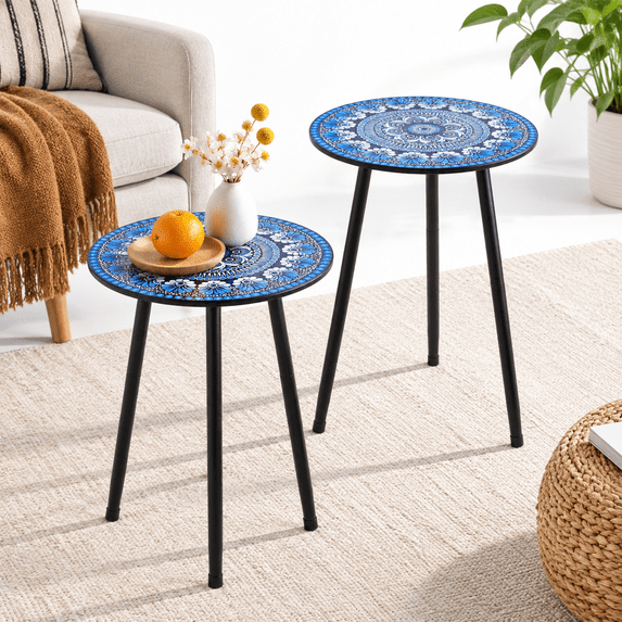 2-pack Small Mosaic Metal Side Tables Outdoor Patio Round Accent Table ...