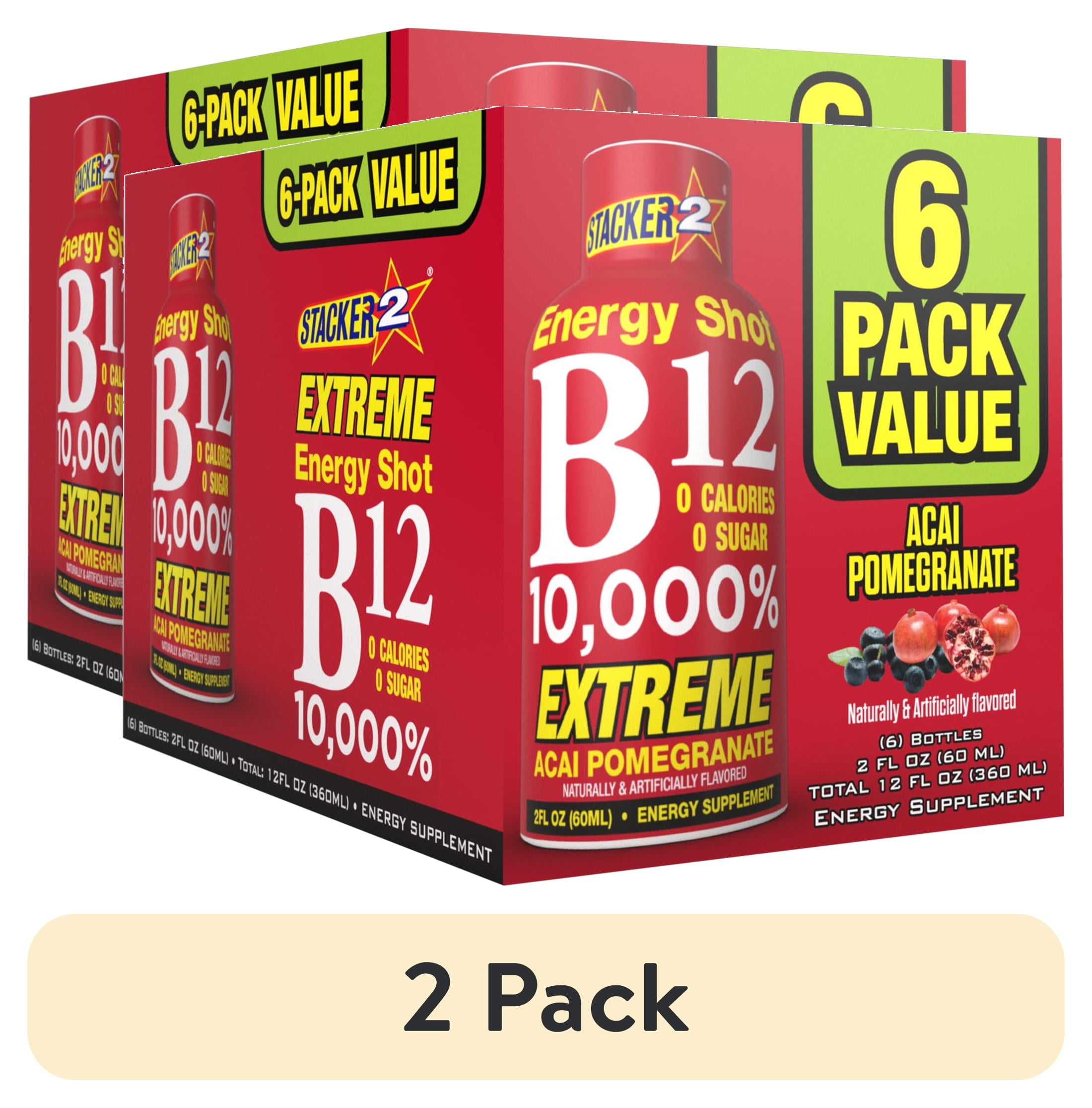 (2 pack) Stacker 2 B12 10,000% Energy Shot Acai Pomegranate, 2 fl oz, 6 ...