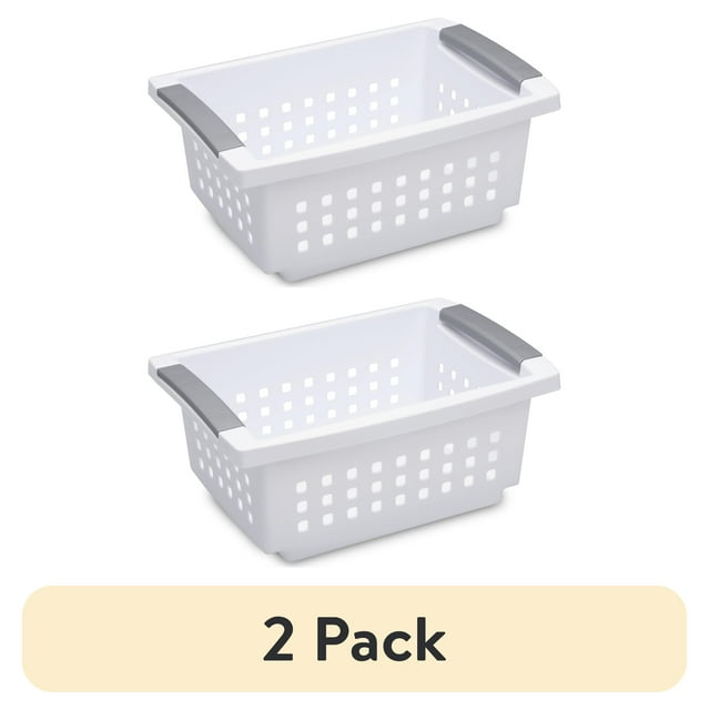Sterilite Small Stacking Basket 2 Pack, Space Saving Organizers, White, Plastic Storage Bins ...