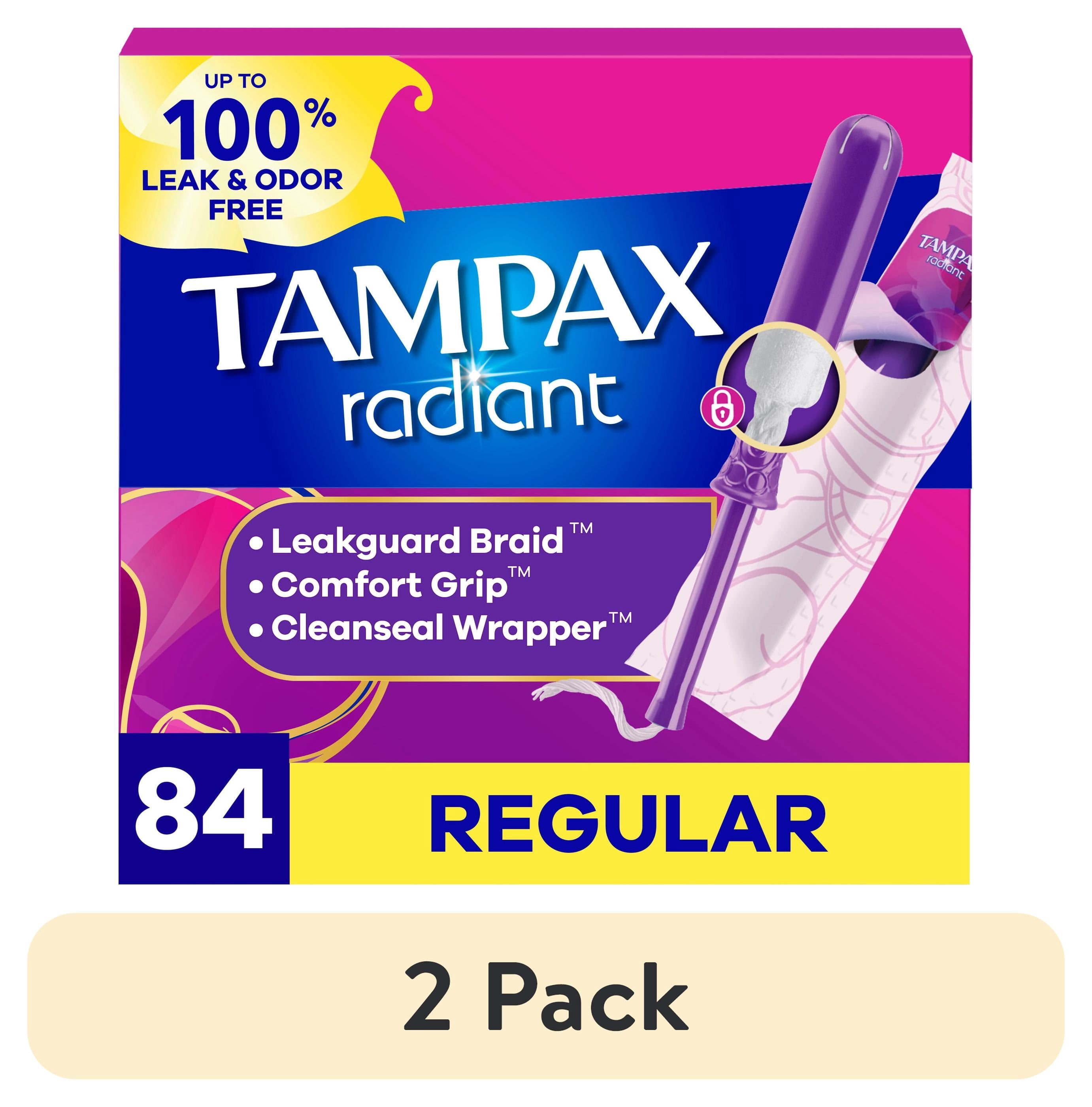 (2 pack) Tampax Radiant Tampons, with LeakGuard Braid, Regular, 84 ...