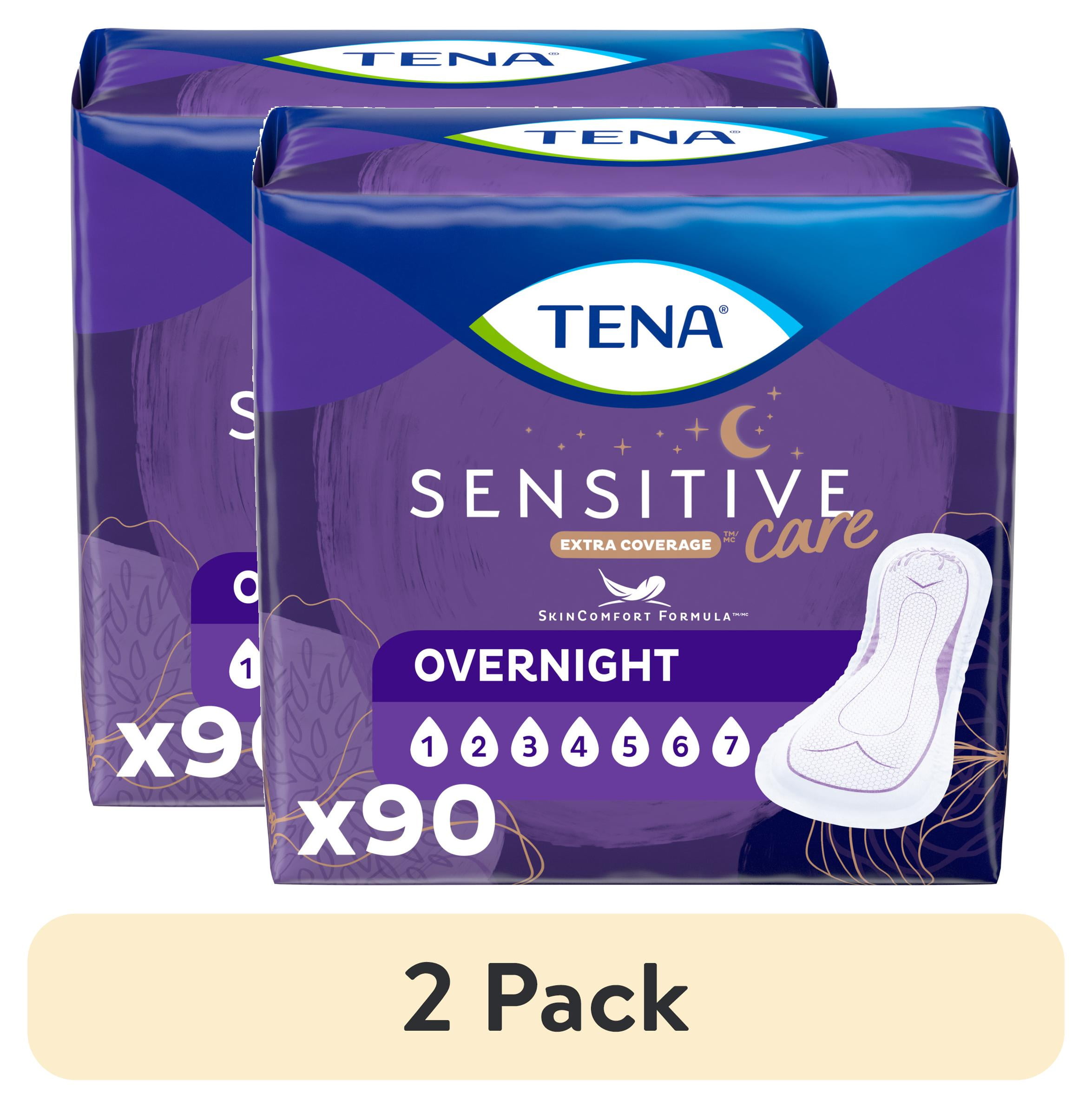 (2 pack) Tena Sensitive Care Extra Coverage Overnight Incontinence Pads for Women, 90 Count ...