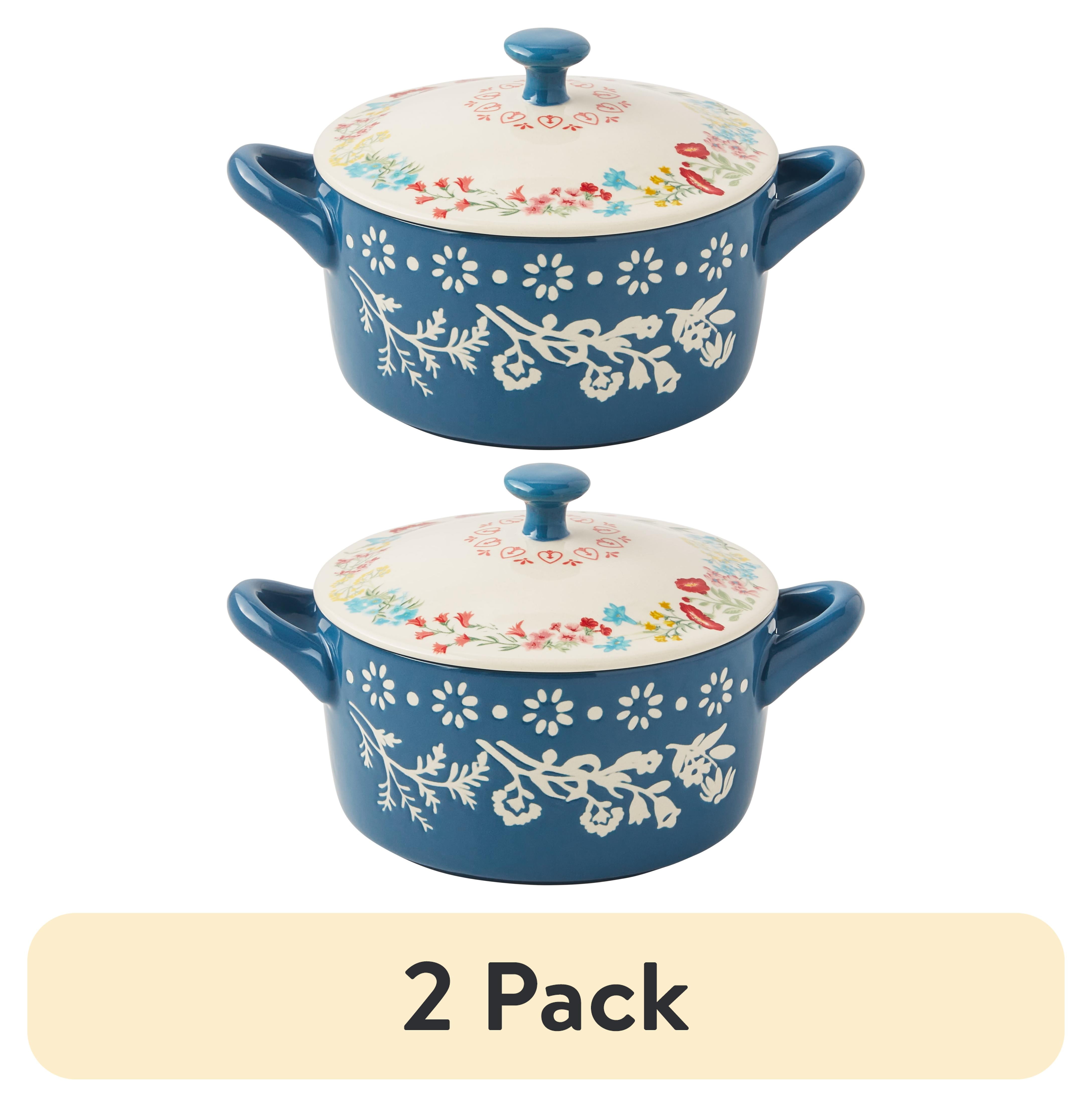 (2 pack) The Pioneer Woman Fancy Flourish14.6-Ounce Round Ceramic Mini Casserole Dish with Lid ...