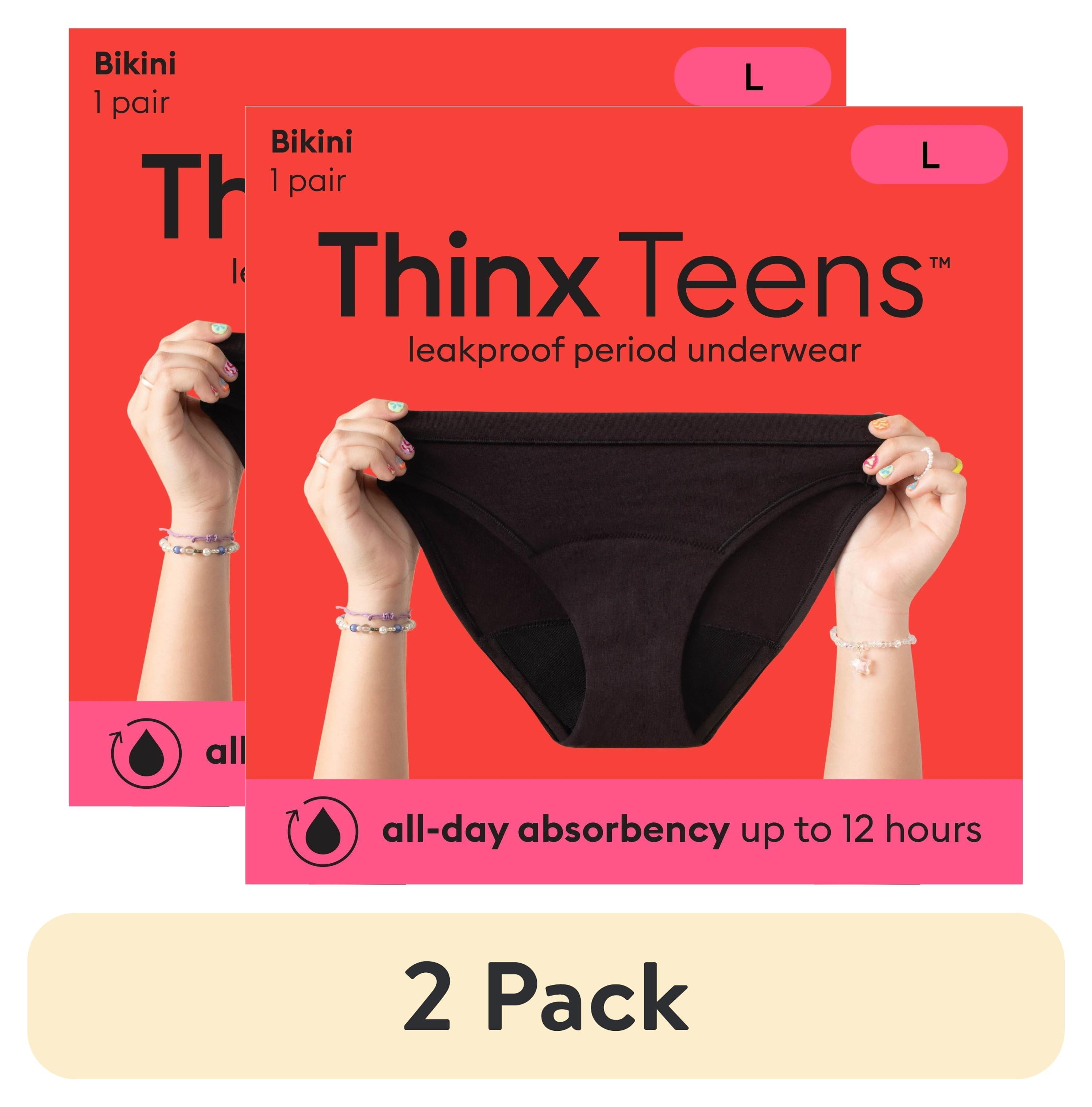 Thinx Teens Cotton Bikini Leakproof Period Underwear, Size 13/14, Black, 2 Pack, Reusable ...