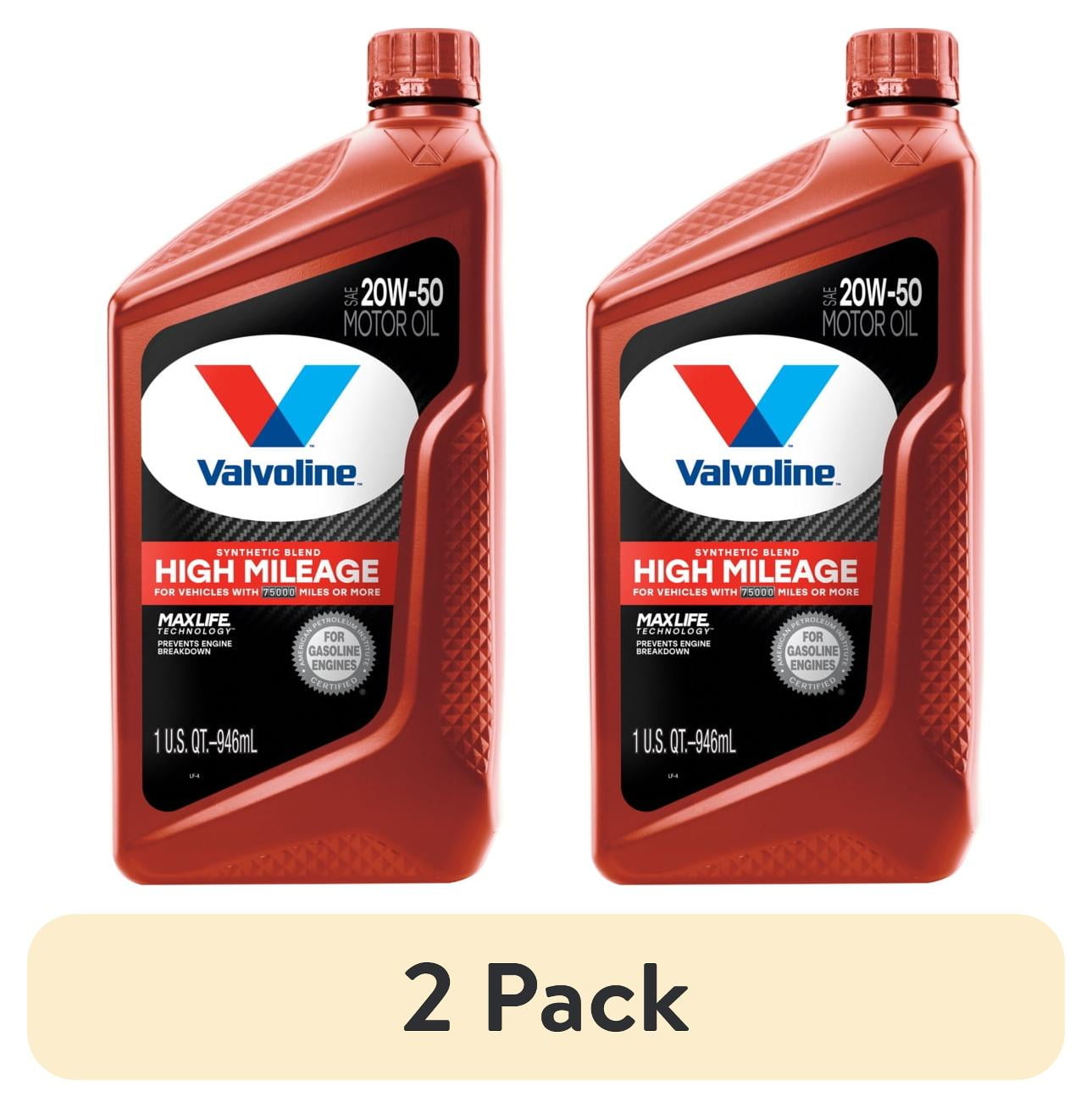(2 pack) Valvoline High Mileage MaxLife 20W-50 Synthetic Blend Motor Oil 1 QT - Walmart.com