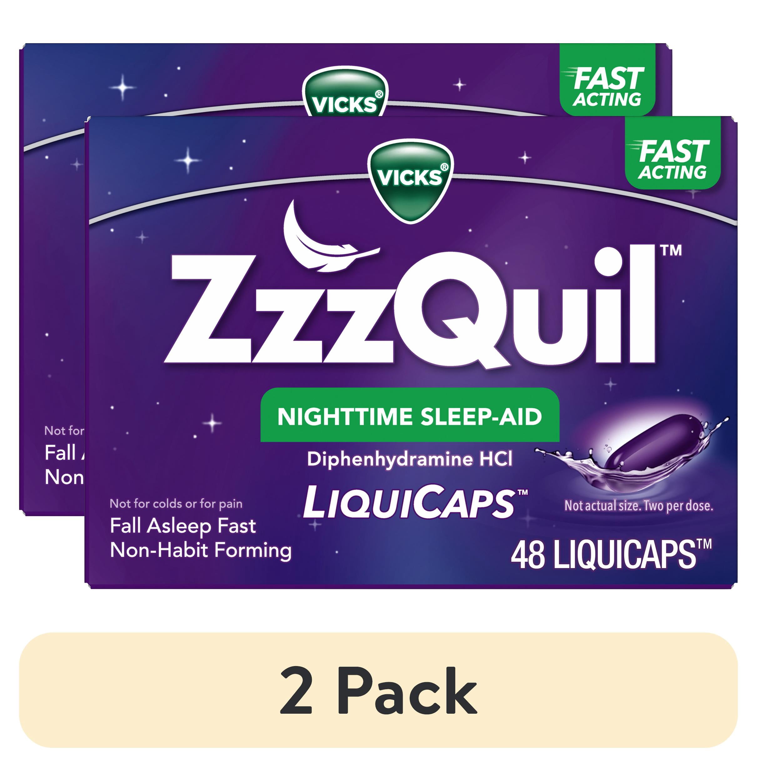 (2 pack) ZzzQuil LiquiCap Sleep Aid, Diphenhydramine 25mg HCl, 48 ...