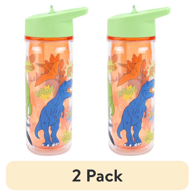 (2 pack) Your Zone 14-Ounce Plastic Water Bottle with Lid and Straw, Dinosaur, Double Wall ...