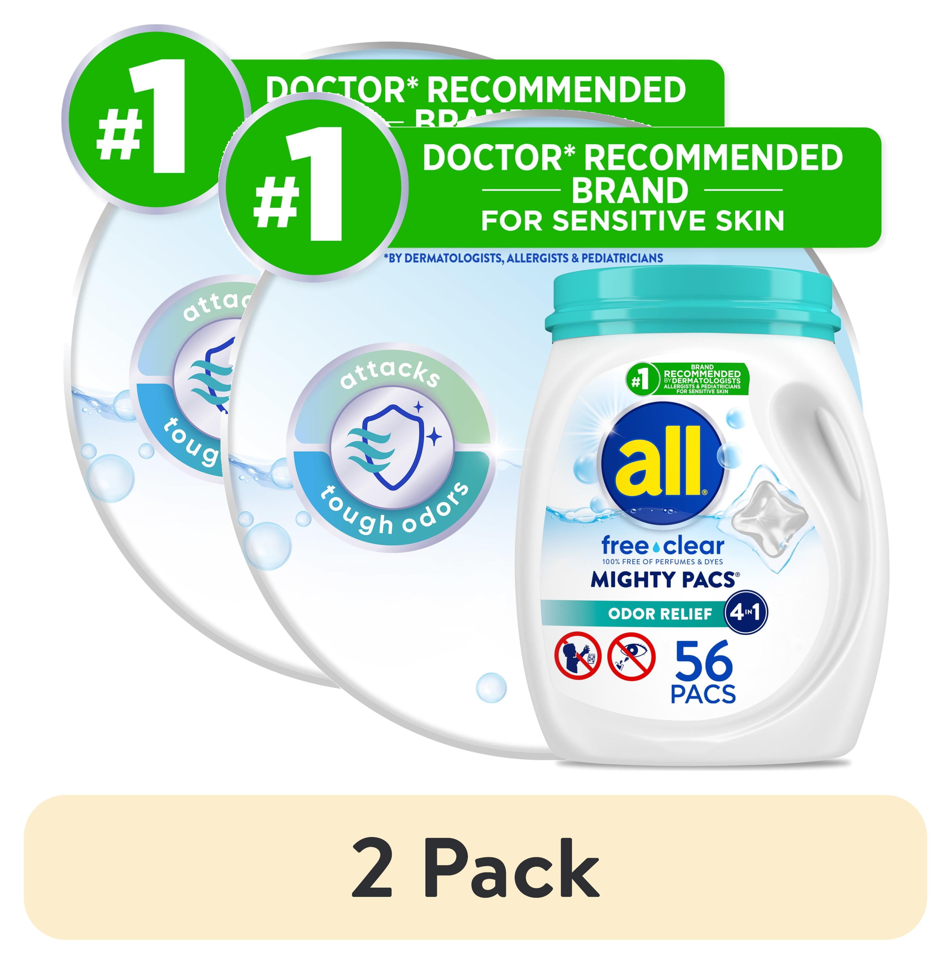 (2 pack) all Mighty Pacs Laundry Detergent, Free Clear Odor Relief, Tub ...