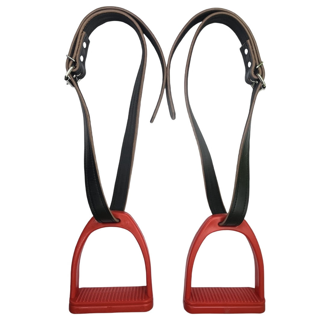 2-pack cowhide stirrup straps + red safety stirrups, genuine leather ...