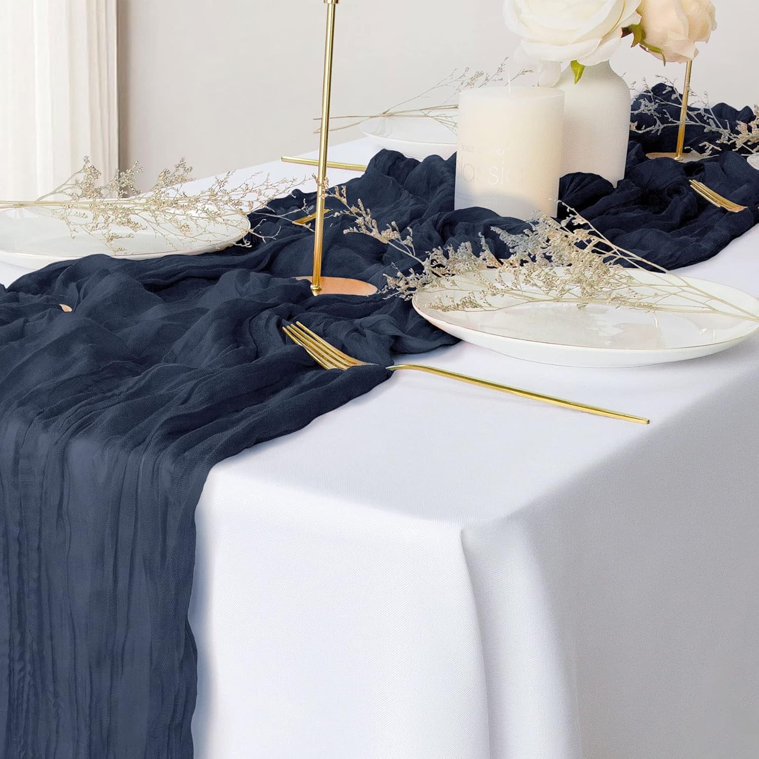 2 pack navy blue cheesecloth table runners, 10ft boho gauze table runner rustic wedding cheese ...