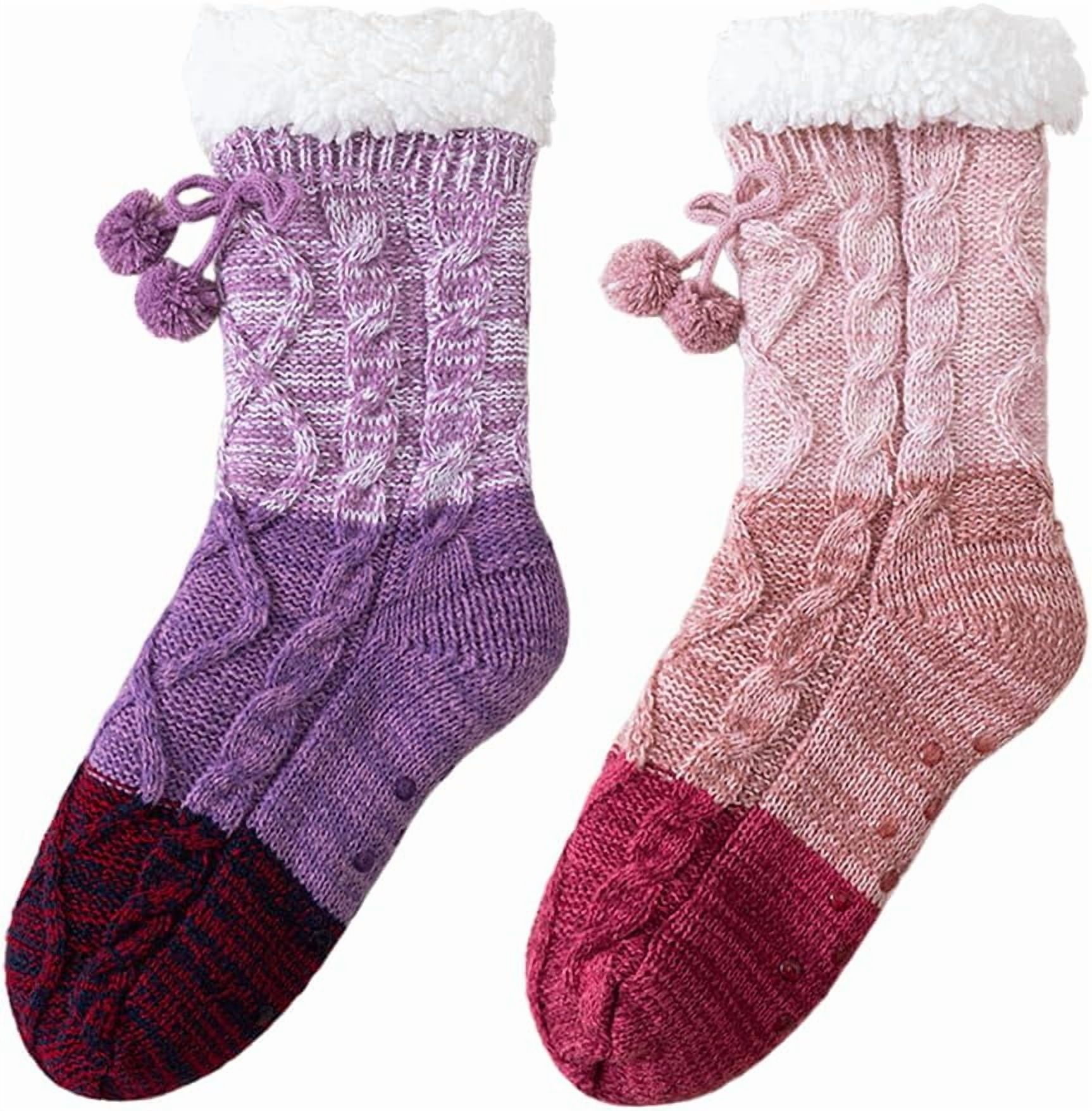 2 pairs Knitted Ultra-thick Slipper Home Socks with Pom-Poms, Non-Slip ...