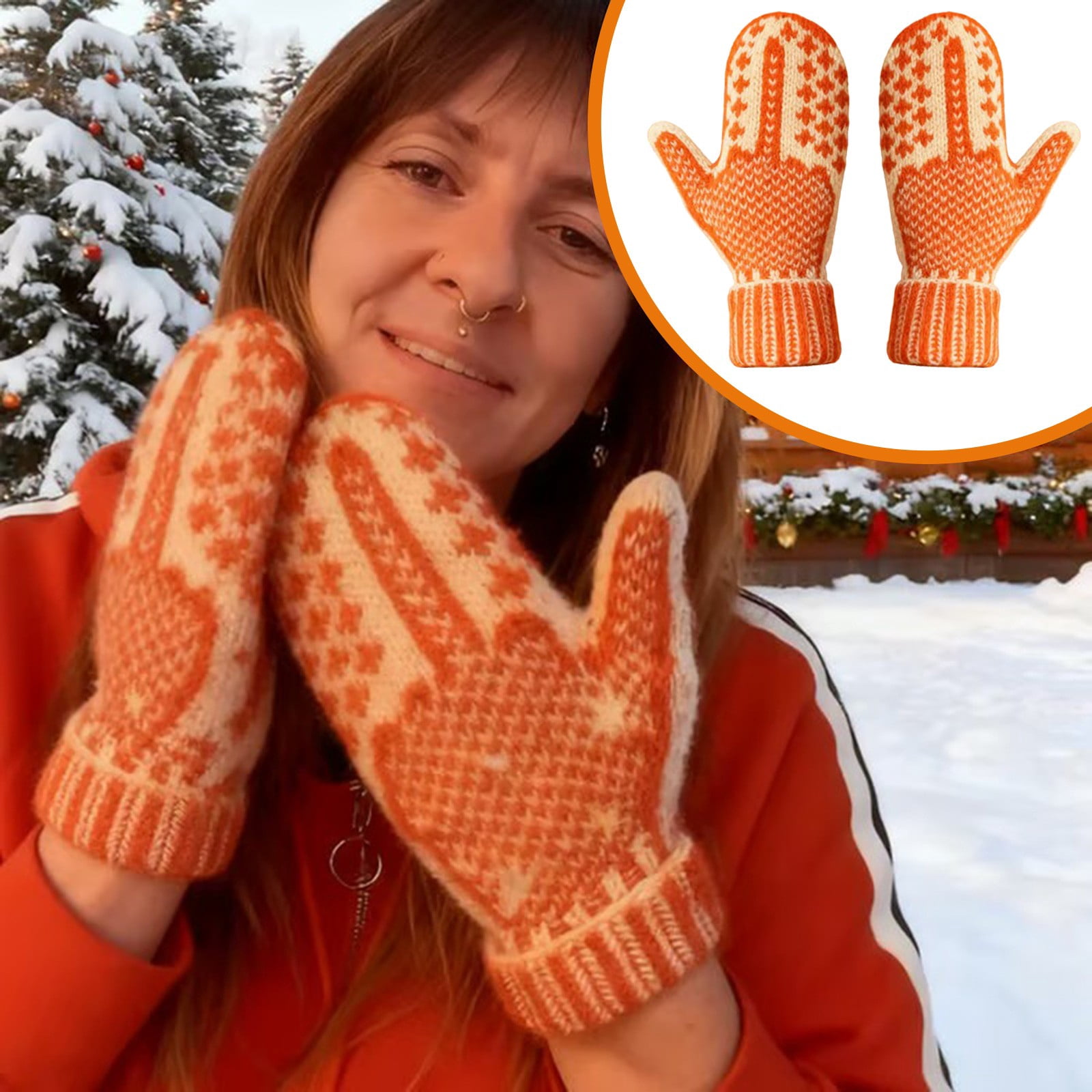 2 pairs of orange Winter Mittens for Women Warm Fleece Cozy Knit Thick ...