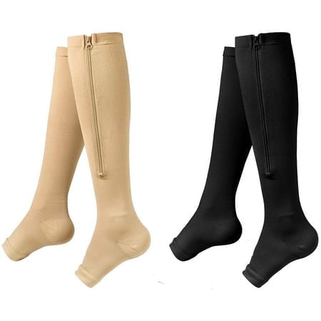 2 pairs zipper compression socks open toe knee high 20-30mmhg support ...
