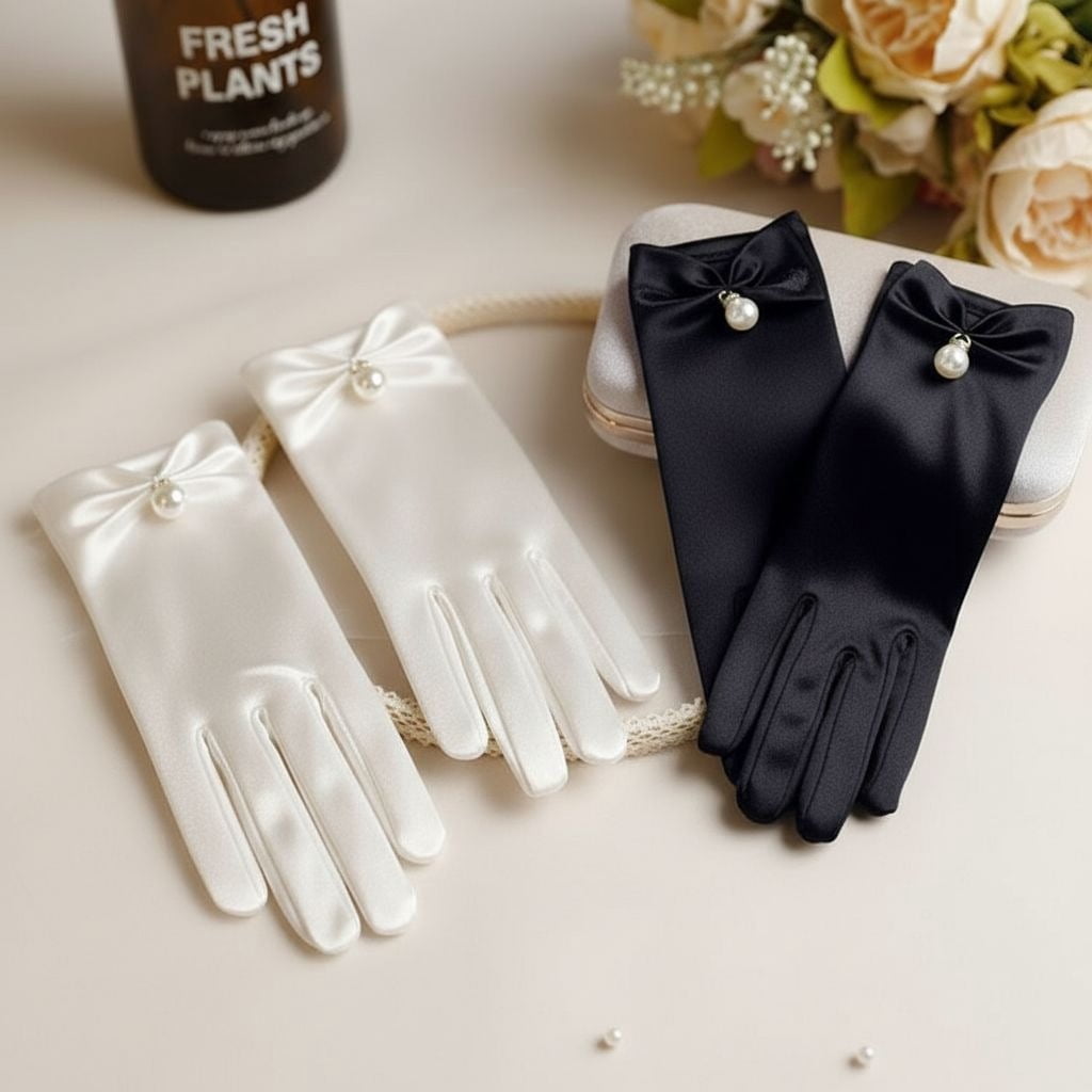 2 pairsShort Satin Gloves for Women, White Pearl Dress Glove Short ...