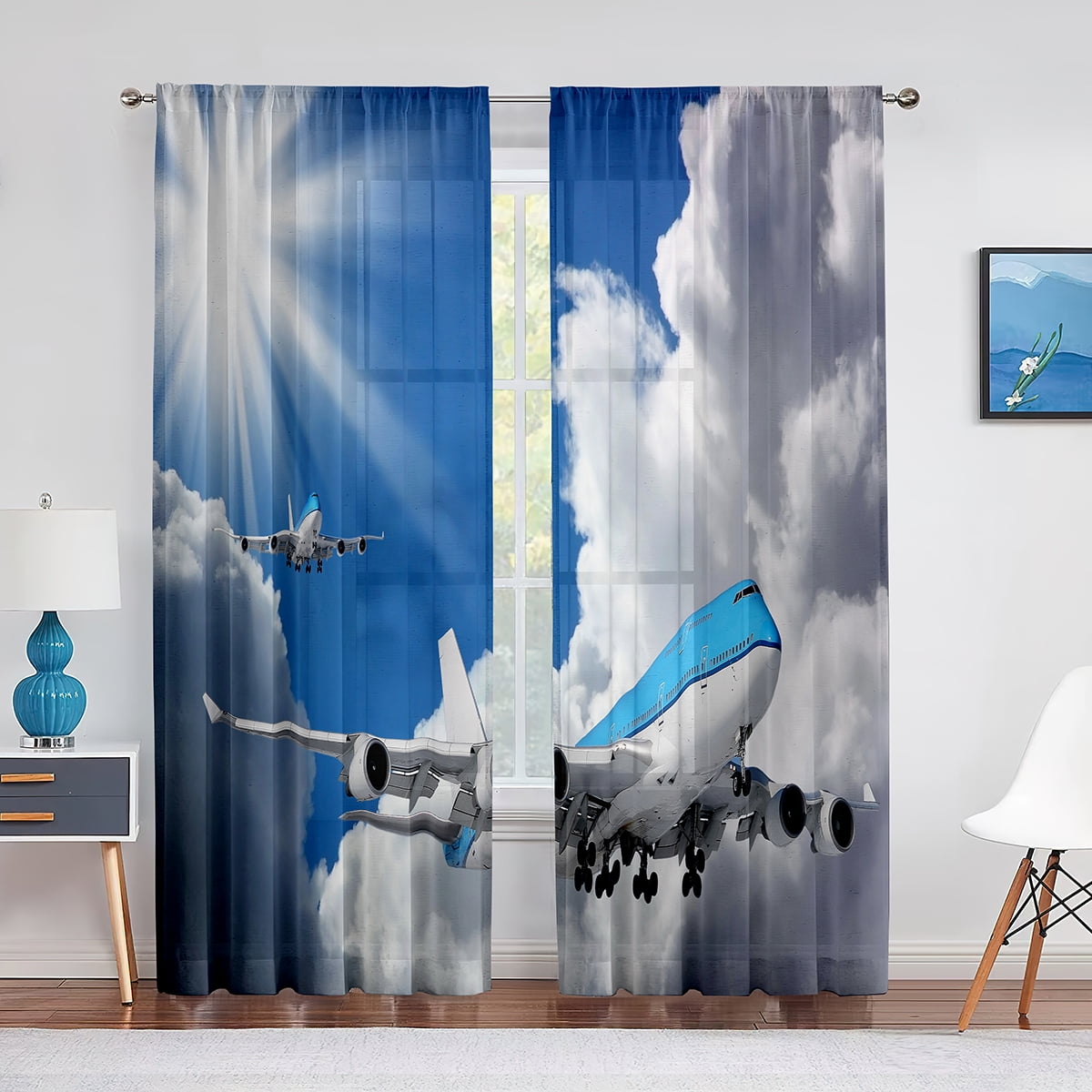 2 panel Aircraft Channel Printed Curtain Thin Curtain for Bedroom ...
