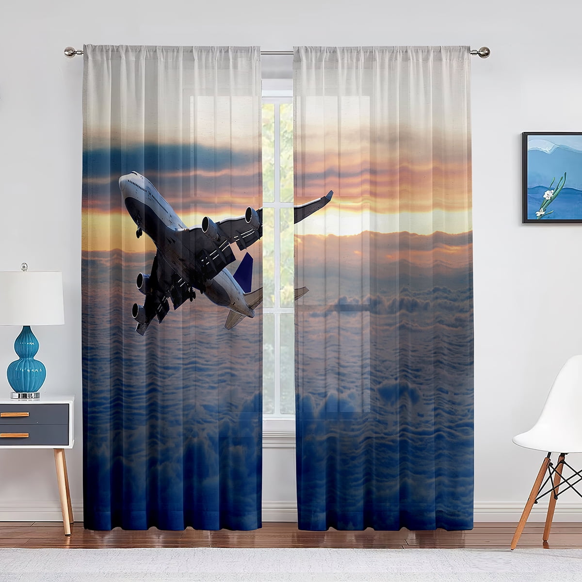 2 panel Aircraft Channel Printed Curtain Thin Curtain for Bedroom ...