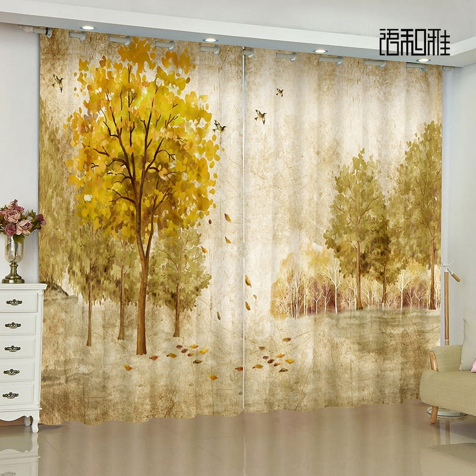 2 panel Chinese Curtain Crane Landscape Curtain for Bedroom Living Room ...