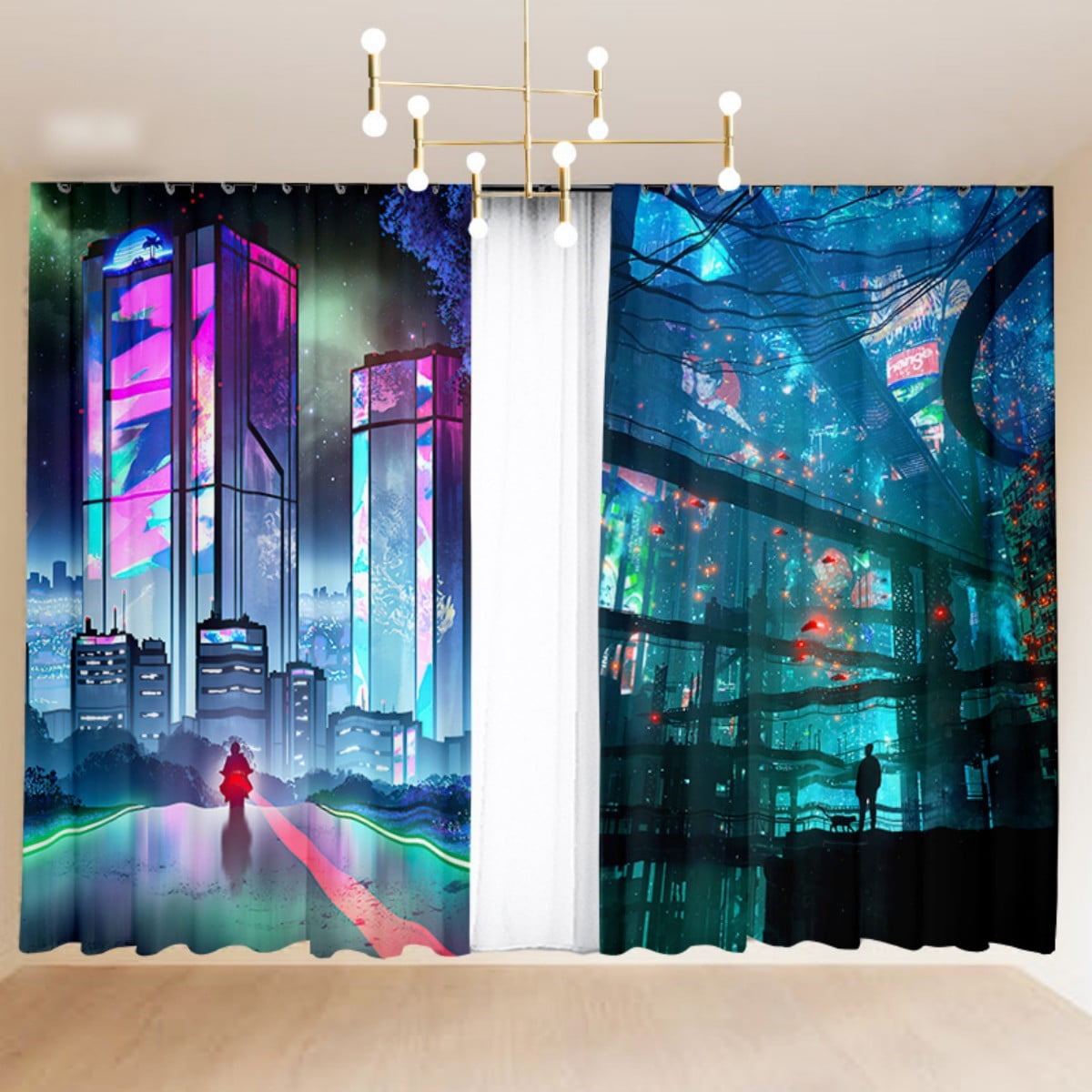 2 panel Cyberpunk Anime City View Curtains for Bedroom Living Room ...