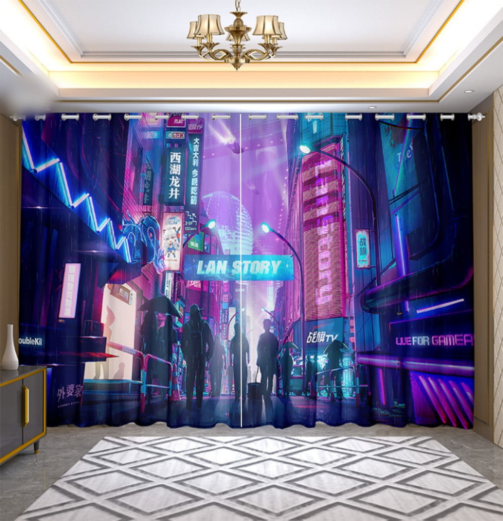 2 panel Cyberpunk Anime City View Curtains for Bedroom Living Room ...