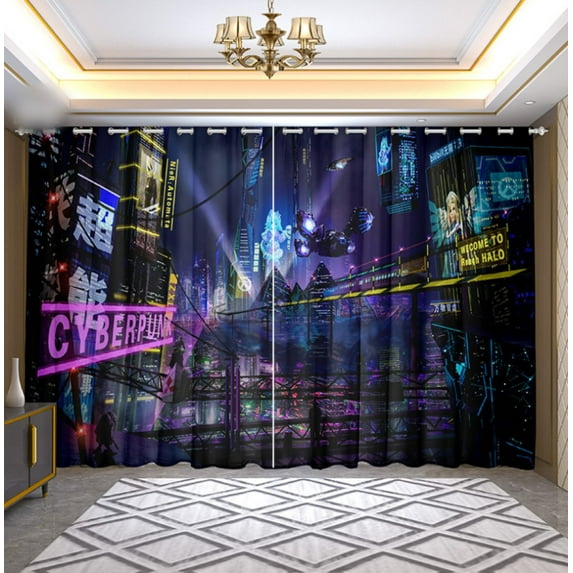 2 panel Cyberpunk Anime City View Curtains for Bedroom Living Room ...