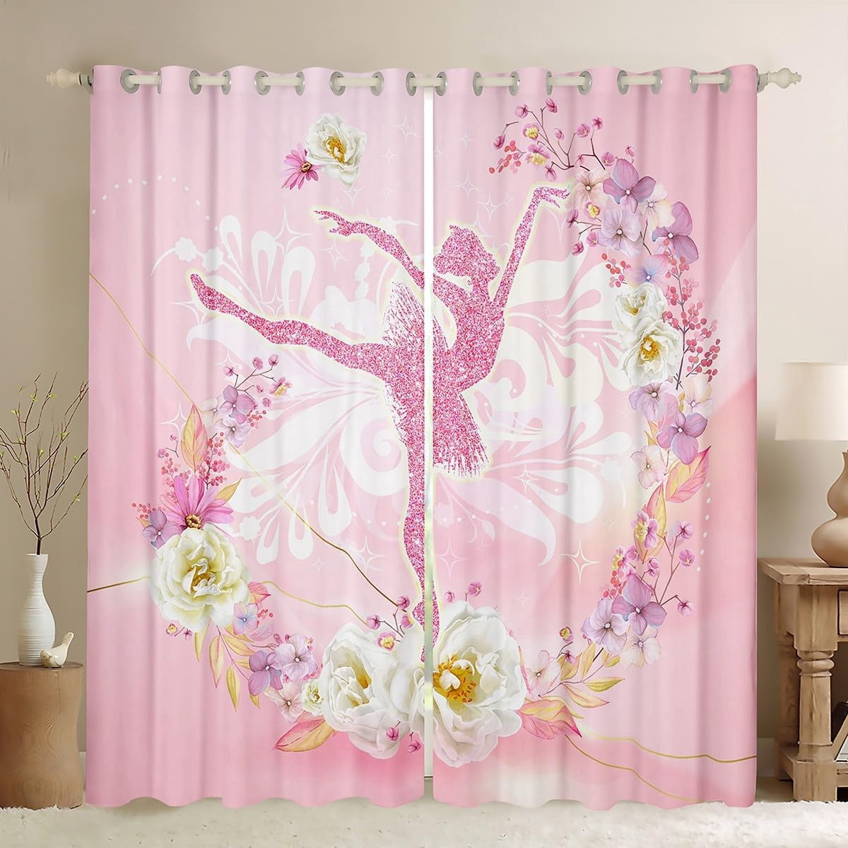 2 panel Dancing Ballet Pink Curtains for Bedroom Window Princess Room ...
