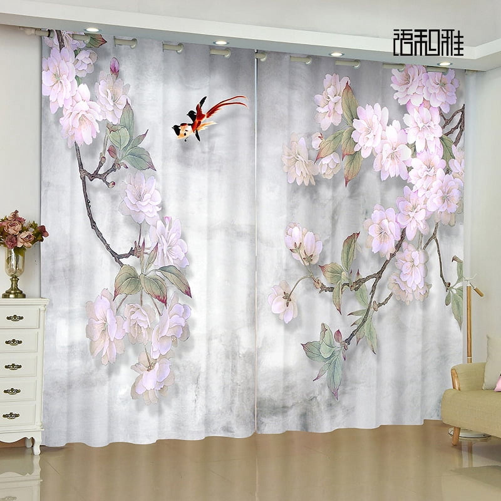 2 panel Flower Tree Bird Print Chinese Curtain for Bedroom Living Room ...