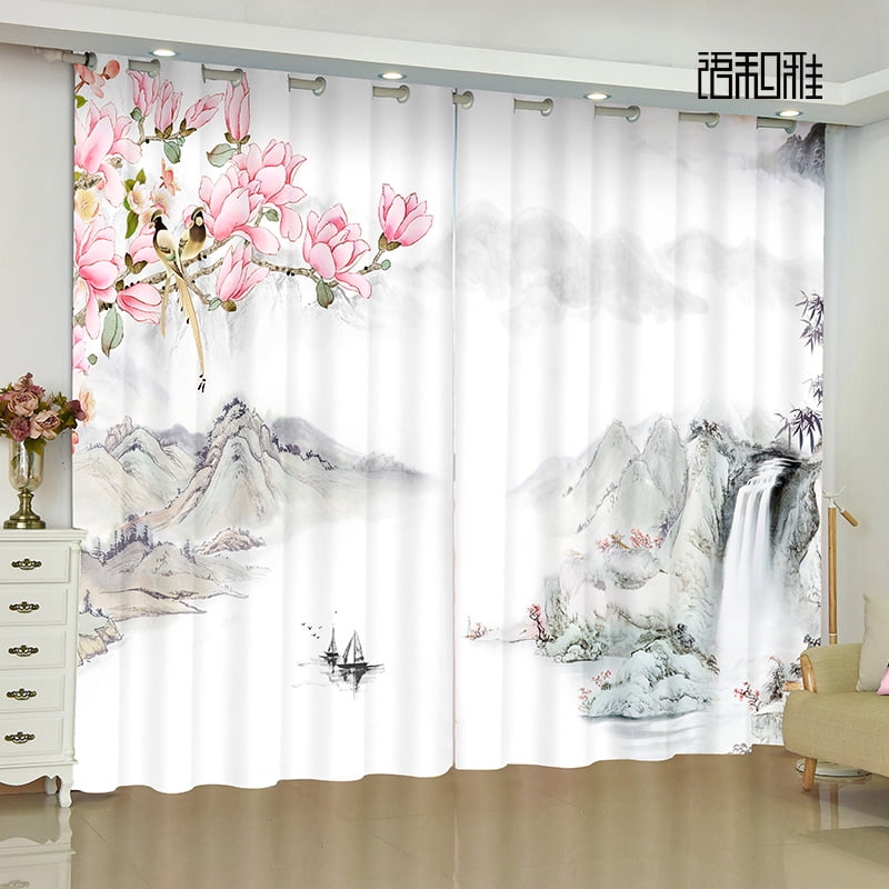 2 panel Flower Tree Bird Print Chinese Curtain for Bedroom Living Room ...
