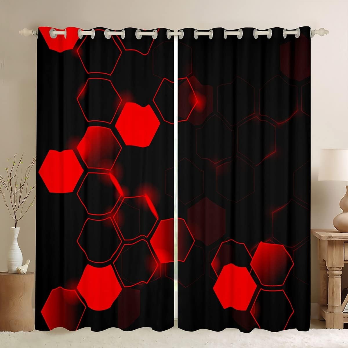 2 panel Glowing Hycomb Hexagon Geometric Printed Curtains Bedroom Game ...