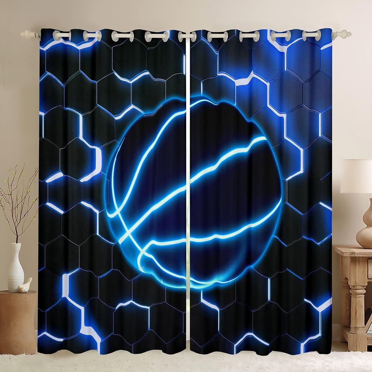 2 panel Hexagonal Geometric Glowing Curtain Basketball Baseball ...