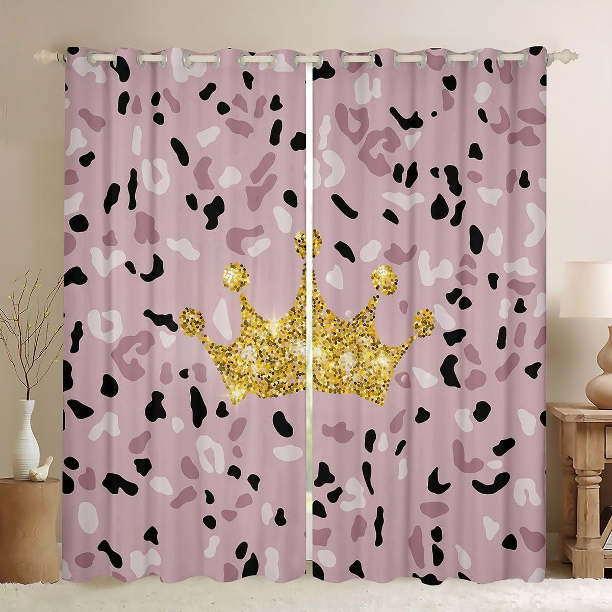 2 panel Princess Crown Pink Curtain for Bedroom Powder Room Window Grommet Top cortinas Glowing ...