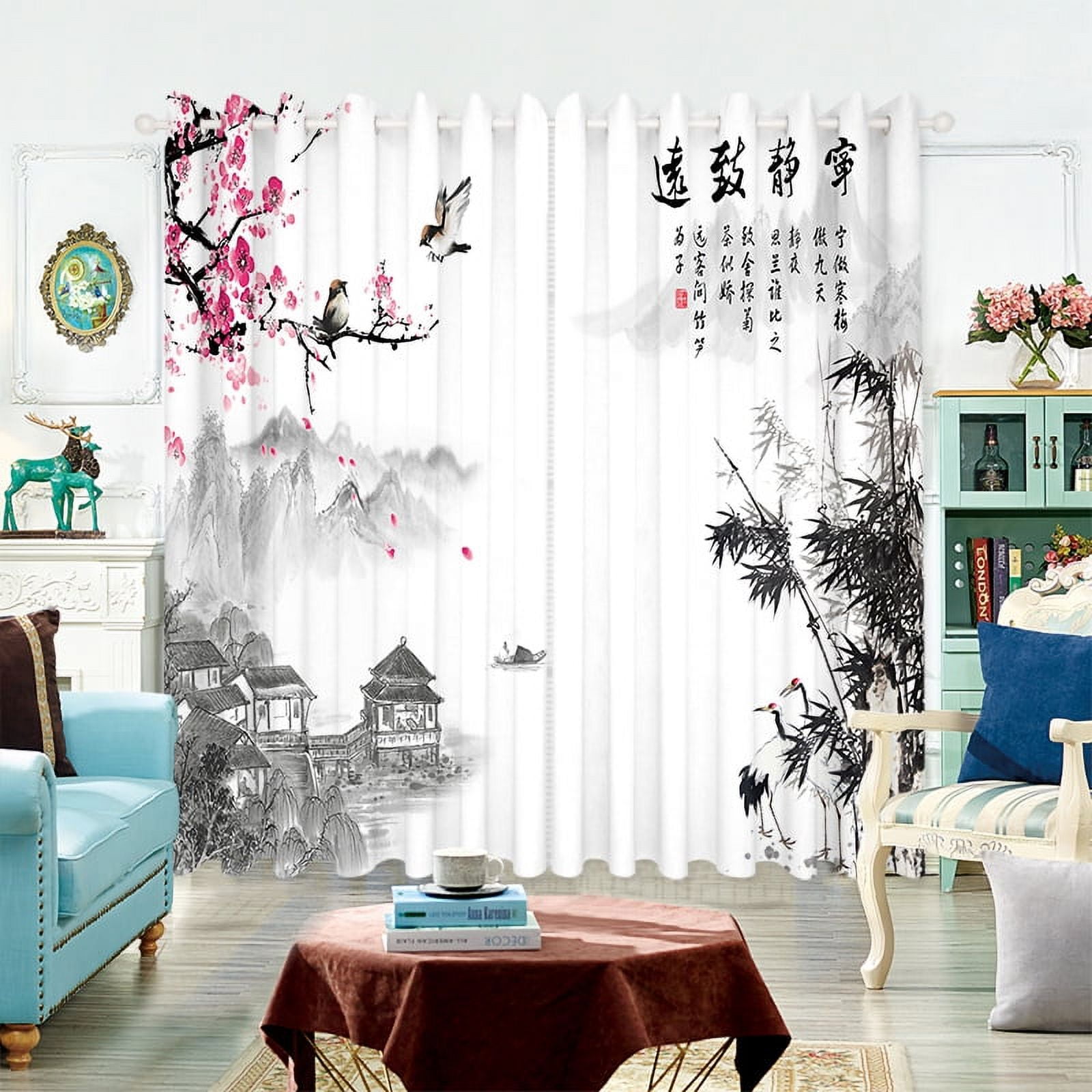 2 panel Retro Chinese Curtains Plum Tree Moon Printed Curtains for ...