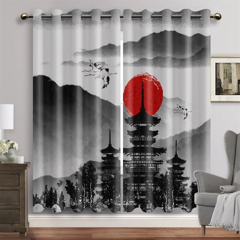 2 panels Japanese Landscape Printed Curtains for Bedroom Living Room ...