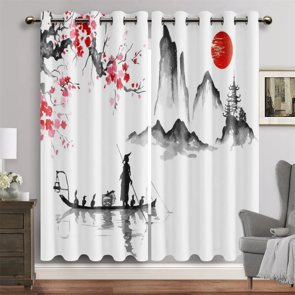 2 panels Japanese Landscape Printed Curtains for Bedroom Living Room ...