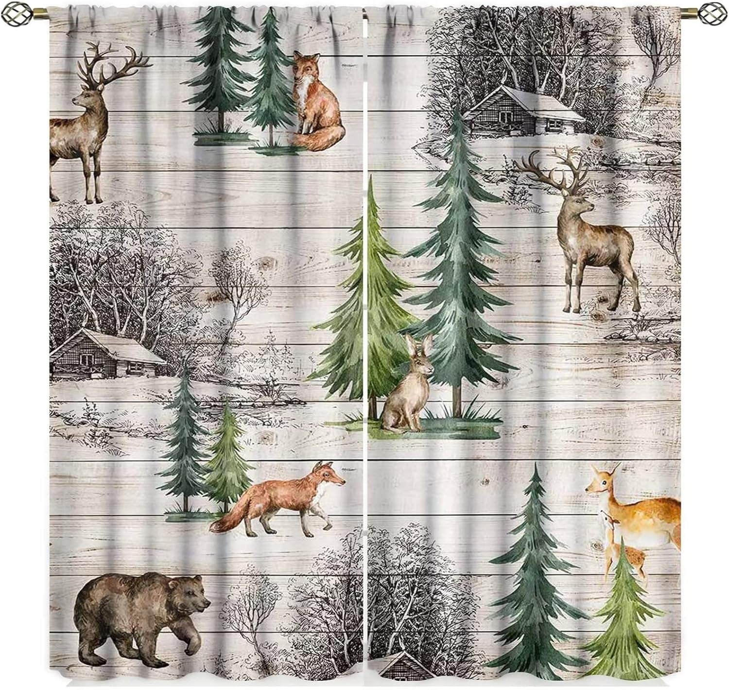 2 panels Landscape Pine Wood Chalet Fox Print Curtains for Bedroom ...