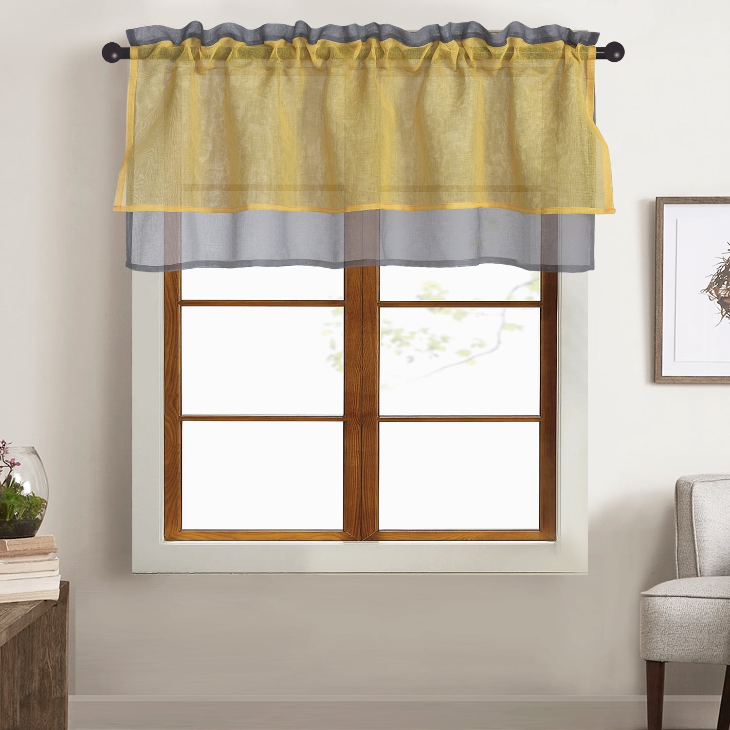 2 panels yellow and grey colorblock valance for kitchen bedroom, modern ...