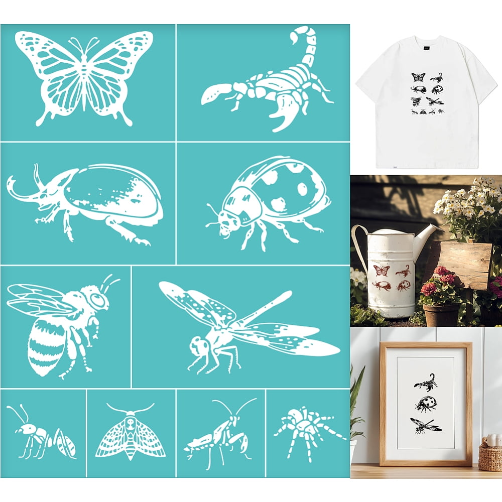 2 pc 2 Sheets Insects Silkscreen Stencil Butterfly Ladybird Honeybee ...