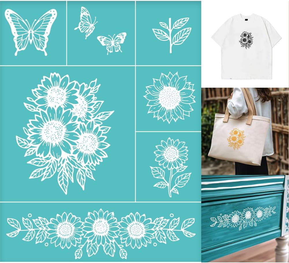 2 pc 2 Sheets Sunflower Silkscreen Stencil Flower Butterfly Painting ...